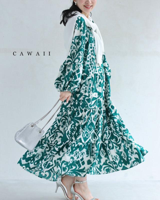 再入荷9月5日 民族調アートのティアードロングワンピース cawaii w61162ps S~2L対応 長袖 エスニック柄 グリーン オシャレ 個性的 大人可愛い エレガント 上品 春服 春物 夏服 夏物 サマードレス 薄手 涼感性 レディース ファッション ミセス 30代 40代 50代