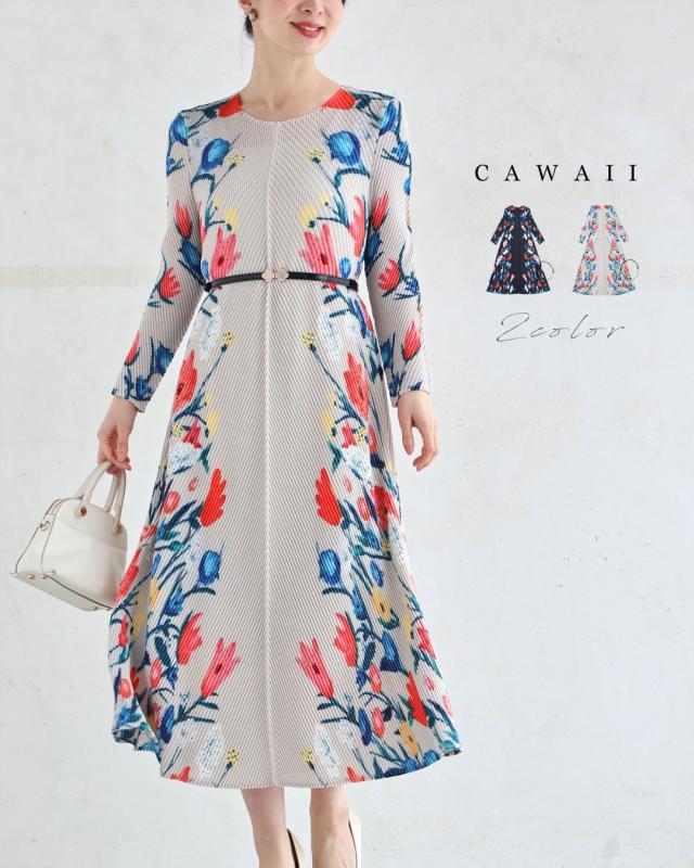 再入荷9月9日 ビビッドな花のプリーツミディアムワンピース（ベルト付き） cawaii w61163ps S~3L対応 春コーデ 夏コーデ 軽やか ブラック アイボリー アコーディオン 大人可愛い 着やせ 変形 柄 縦ライン効果 レディース ファッション 大人 ママ ミセス 30代 40代 50代