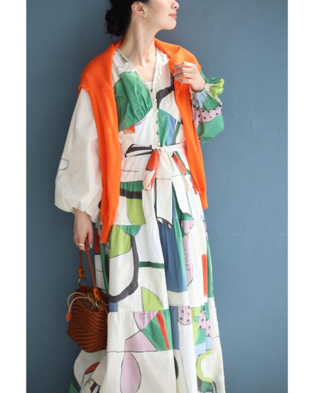 再入荷5月19日 アートなテキスタイルのウエストリボンロングワンピース