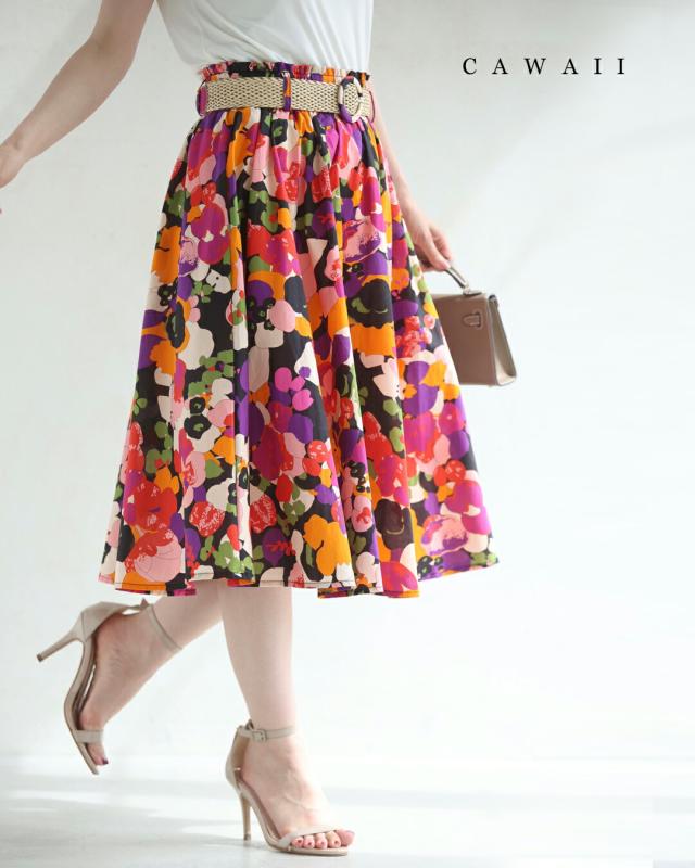 再入荷8月4日 彩り溢れる花モチーフ柄ミディアムスカート（ベルト付き）cawaii w61198ps S~3L対応 ウエストゴム ふんわり カラフル ピンク オシャレ 個性的 大人可愛い エレガント 上品 春 夏 綿100％  レディース ファッション ミセス 30代 40代 50代