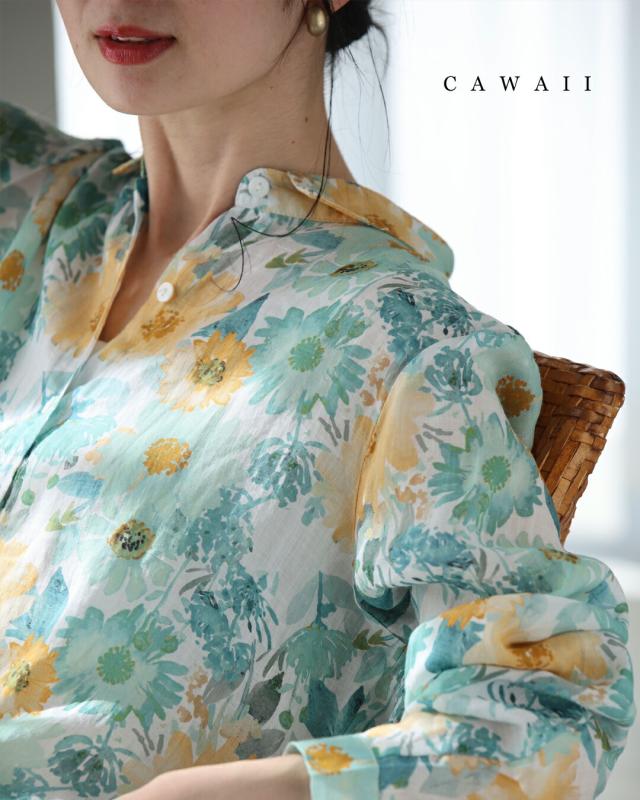 再入荷9月9日 涼しく柔らかな花の水彩画シャツトップス cawaii w61201ps S~L対応 グリーン 麻 プリント 滲み花 軽量 春 夏 涼感性 大人可愛い おしゃれ 日常使い おでかけ 旅行 レディース ファッション 大人 ママ ミセス 30代 40代 50代
