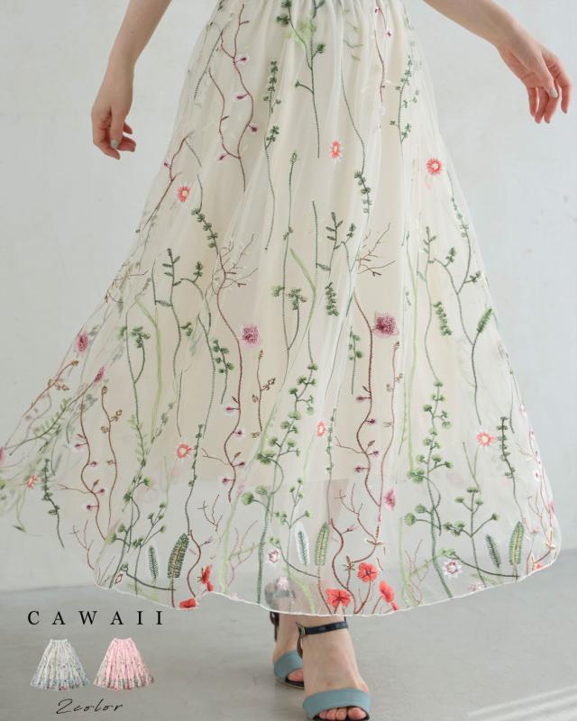 再入荷8月19日 一面に広がる花刺繍チュールミディアムスカート ミディアム 花刺繍 レディース ファッション 春服 夏服 着回し チュール 刺繍 体型カバー cawaii w61215ps S~2L対応 アイボリー ピンク 日常使い キレイめ シンプル ミセス 30代 40代 50代