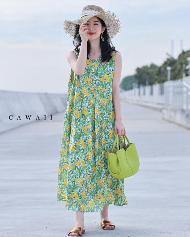 再入荷8月24日 春を告げるチューリップミディアムワンピース cawaii w61236ps 綿 コットン 花柄 グリーン イエロー おでかけ リゾート 旅行 女子会 体型カバー 春 夏 大人可愛い お洒落 レディース ファッション 大人 ミセス 30代 40代 50代