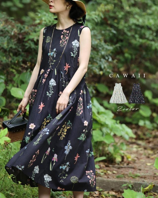 再入荷5月19日 ウエストカーブ切り替えの花図鑑ミディアムワンピース cawaii w61273ps ブラック アイボリー 春 夏 日常使い おでかけ リゾート 旅行 大人可愛い 体型カバー 柄 綿 コットンレディース ファッション ミセス 30代 40代 50代