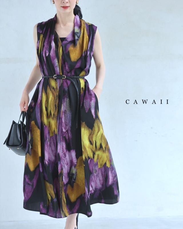 再入荷7月29日 美しく揺らめく花あかりミディアムワンピース（ベルト付き） ノースリーブ レディース ファッション 春 夏 着回し 体型カバー cawaii w61289ps S~2L対応 パープル 花柄 日常使い キレイめ シンプル ミセス 30代 40代 50代