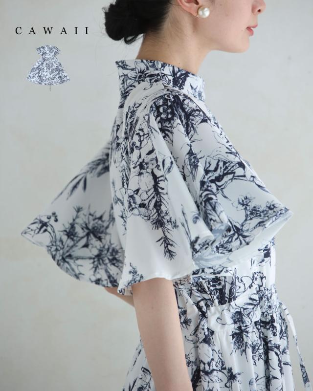 再入荷9月4日 ボタニカルな世界広がるフレア袖エレガントロングワンピース cawaii w61313ps S~L対応 半袖 総柄 ホワイト オシャレ 個性的 大人可愛い エレガント 上品 春 夏 薄手 レディース ファッション ミセス 30代 40代 50代