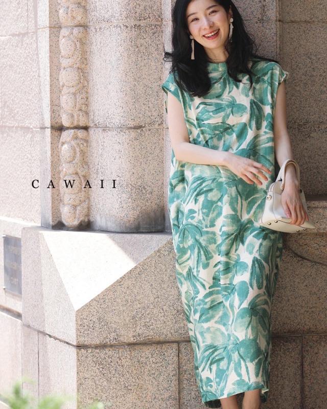 再入荷7月29日 さらり心地よい南国リーフ柄コクーンシルエットワンピース（リボン付き） cawaii w61328ps ノースリ 総柄 爽やか グリーン オシャレ 個性的 大人可愛い エレガント 上品 春 夏 レディース ファッション ミセス 30代 40代 50代