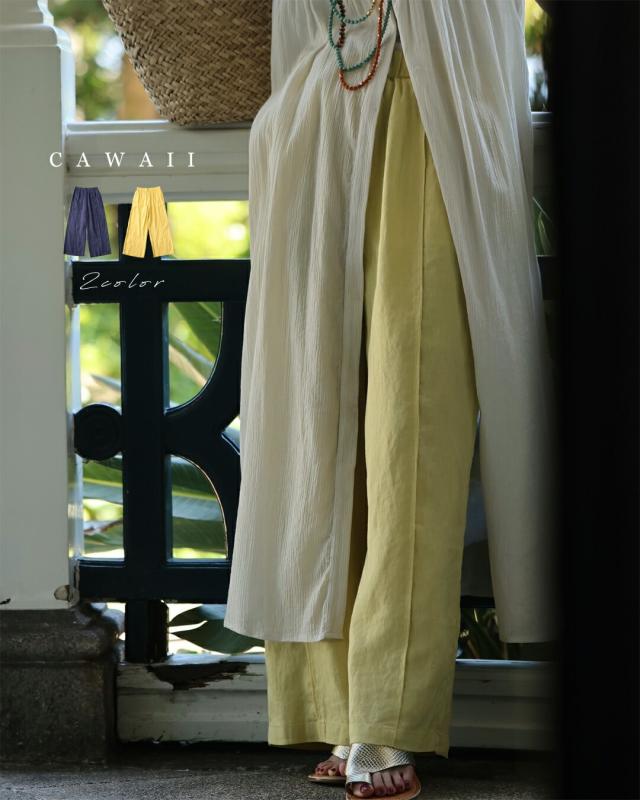 新作8月9日 センターラインの涼しいリネンワイドパンツ cawaii w61392ps 体型カバー ネイビー イエロー 日常使い ヘビロテ おでかけ リゾート 旅行 涼感性  春 夏 シンプル 動きやすい キレイめ レディース ファッション 大人 ママ ミセス 30代 40代 50代 60代