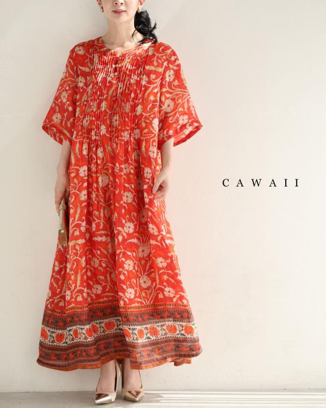 新作8月19日 さらり涼しいヴィンテージ風フラワーロングワンピース cawaii w61393ps S~3L対応 半袖 ピンタック 総柄 縦ライン オレンジ オシャレ 個性的 大人可愛い エレガント 上品 春服 春物 夏服 夏物 薄手 リネン レディース ファッション ミセス 30代 40代 50代
