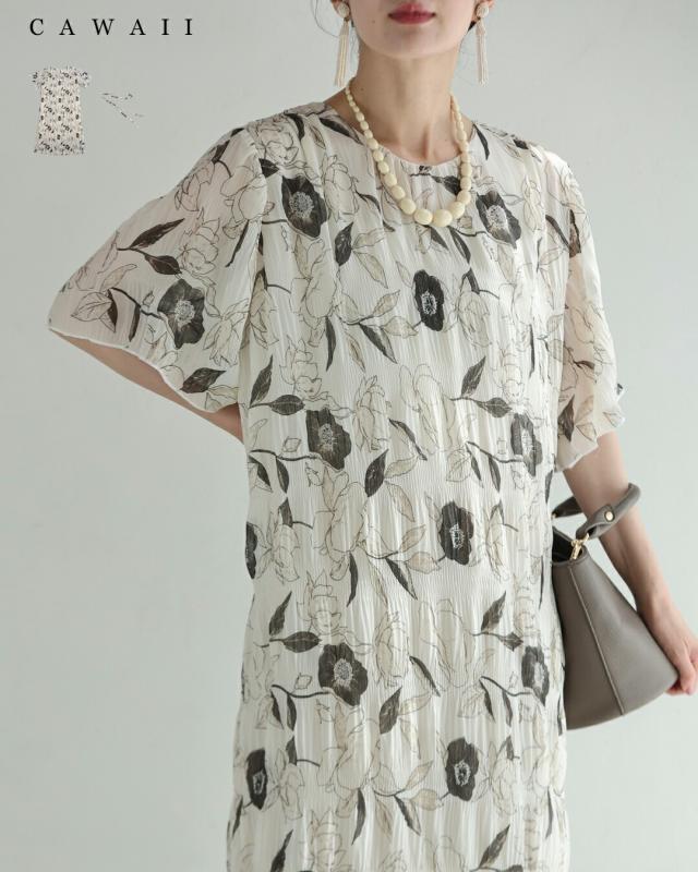 新作8月15日 花を描くデッサン画シアーミディアムワンピース（紐ベルト付き）cawaii w61477ps S~3L対応 半袖 プリーツ シフォン 総柄 ホワイト オシャレ 個性的 大人可愛い エレガント 上品 春服 春物 夏服 夏物 薄手 レディース ファッション ミセス 30代 40代 50代