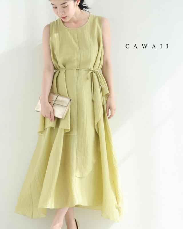 新作8月13日 アシンメトリーに重なるフレアの涼やかミディアムワンピース（紐ベルト付き）cawaii w61492ps S~2L対応 ノースリ ふんわり イエロー オシャレ 個性的 大人可愛い エレガント 上品 春服 春物 夏服 夏物 薄手 レディース ファッション ミセス 30代 40代 50代