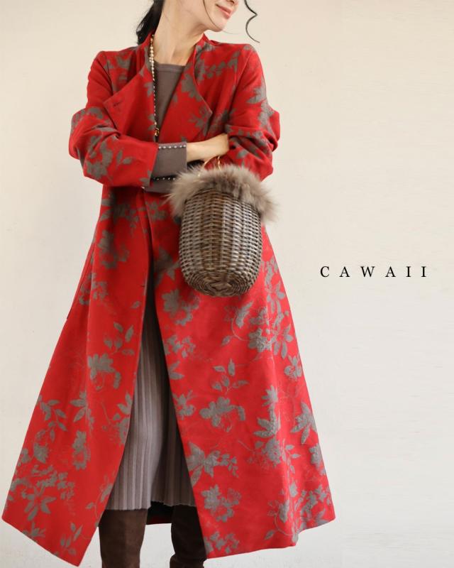 新作11月11日 葉っぱのシルエット浮かぶ映える赤のロングコート(リボンベルト付) ロングコート アウター レディース ファッション 秋服 冬服 着回し 体型カバー cawaii w61575ps S~3L対応 レッド 日常使い キレイめ シンプル ミセス 30代 40代 50代