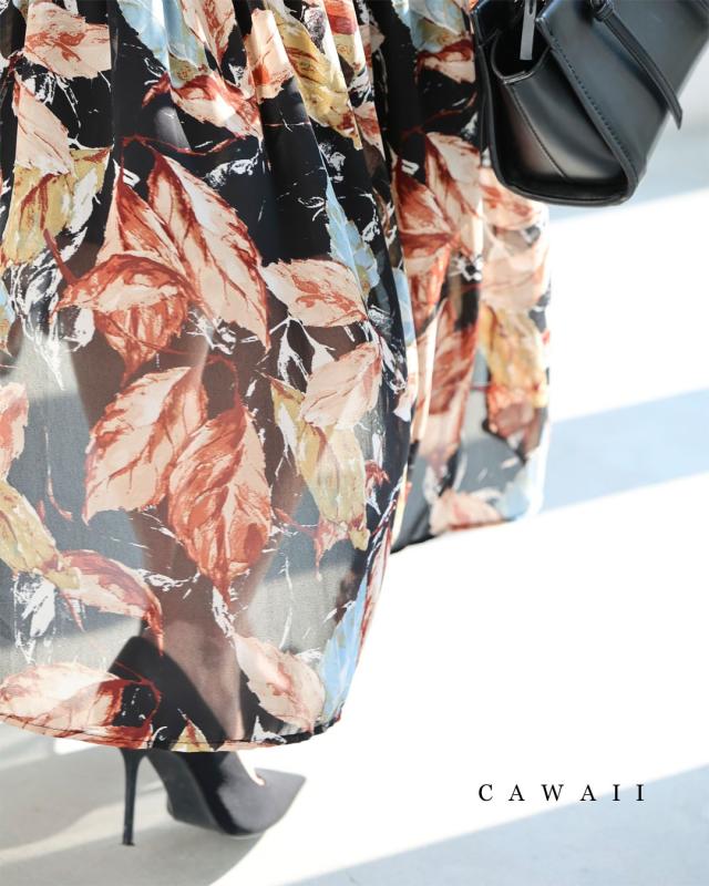 再入荷12月14日 （黒）季節に色づくリーフ柄ミディアムワンピース cawaii w61599ps S~2L対応 長袖 Vネック シアー シック 総柄 ブラック オシャレ 個性的 大人可愛い エレガント 上品 春 秋 冬 レディース ファッション ミセス 30代 40代 50代