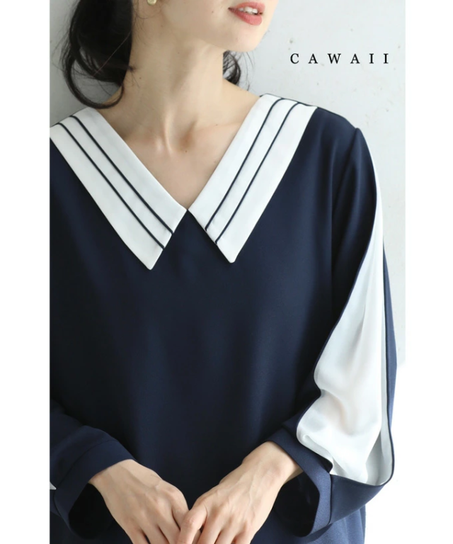 再入荷1月30日 （S~2L対応）（紺）スリット袖から覗くベールの上品ブラウストップス wkg00418 cawaii レディース ファッション 他にはない タック 切り替え 長袖 シャツ カットソー ネイビー ぽわん袖 ふんわり Vネック 30代 40代 50代 母の日
