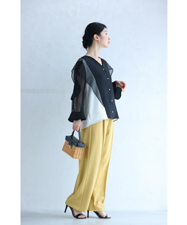 再入荷6月4日 フリル流れるシアーストライプ袖のバイカラーブラウス