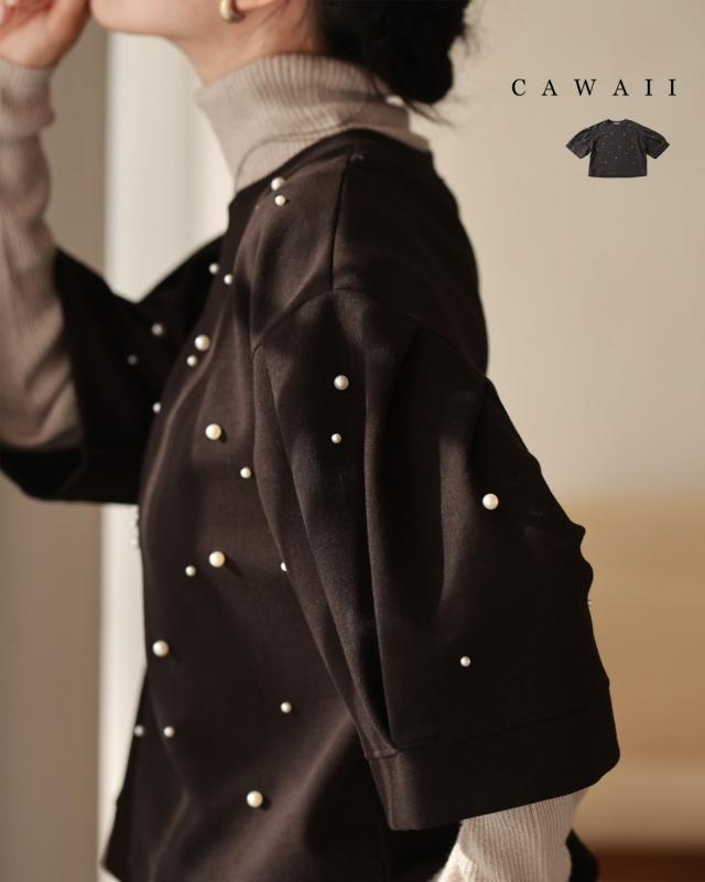 再入荷12月1日 （黒）星空のようなパールデコレーションプルオーバートップス cawaii wkj00055 S~L対応 春 秋 冬 ボリューム袖 ポワン袖 体型カバー 二の腕隠し エレガント 大人可愛い お洒落 レディース ファッション 大人 ママ ミセス 30代 40代 50代