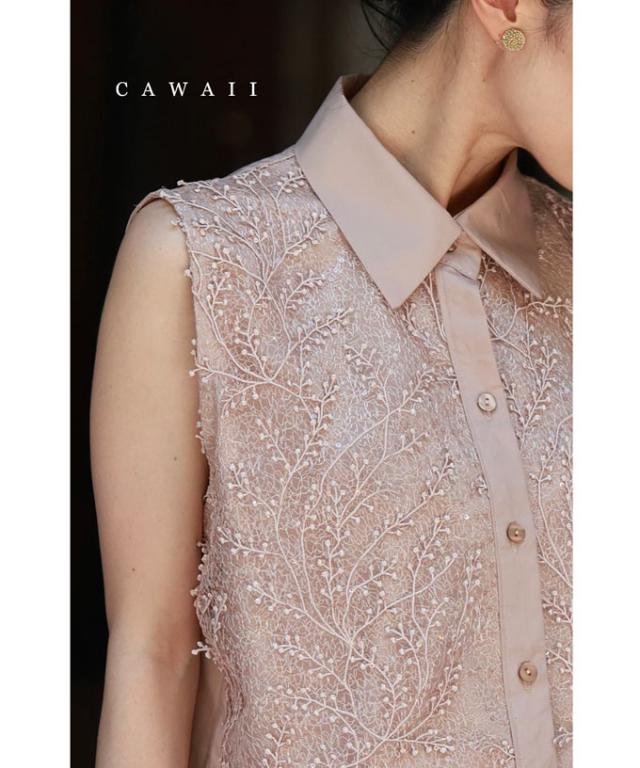 再入荷6月19日 繊細なレースに浮かぶ蔦花シャツトップス cawaii wkj00089 S~L対応 春 夏 綿100％ コットン ノースリ エレガント お洒落 大人可愛い 総レース 花 植物 ベージュ 日常使い レディース ファッション 大人 ママ ミセス 30代 40代 50代