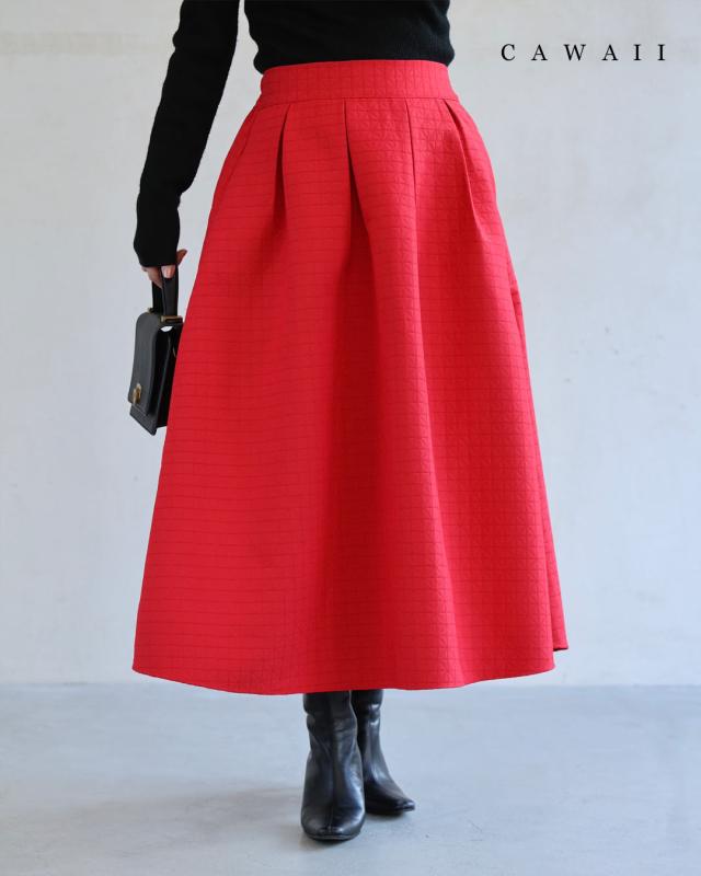 再入荷12月1日 直線重なり合う柄の立体タックミディアムスカート スカート レディース ファッション 秋服 冬服 着回し ミディアムスカート 立体タック体型カバー cawaii wkj00128 S~L対応 レッド 日常使い キレイめ シンプル ミセス 30代 40代 50代
