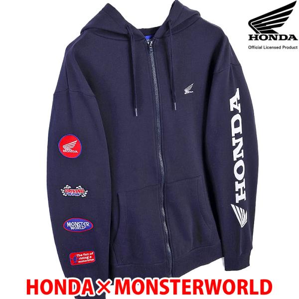 HONDA×MONSTER WORLD ZIPパーカー A ネイビー サイドポケット フード付 刺繍 長袖 裏毛仕様スウェット生地 メンズ レディース ホンダ コラボ 51882801