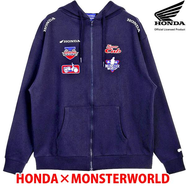 HONDA×MONSTER WORLD ZIPパーカー B ネイビー サイドポケット フード付 スーパーカブ刺繍 長袖 スウェット生地 メンズ レディース ホンダ コラボ 51882802