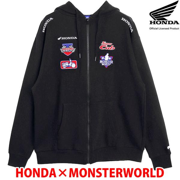 HONDA×MONSTER WORLD ZIPパーカー B ブラック サイドポケット フード付 スーパーカブ刺繍 長袖 スウェット生地 メンズ レディース ホンダ コラボ 51882802