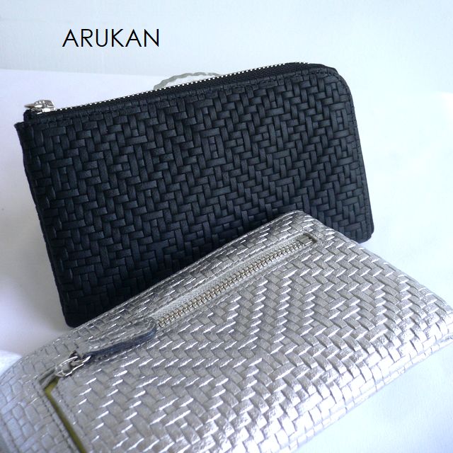 ノベルティ  ARUKAN アルカン ミドル L字ファスナー 折り財布 メッシュ型押し レザー パネロ 1412-709（旧1411-704） シルバー/ゴールド/ブラック