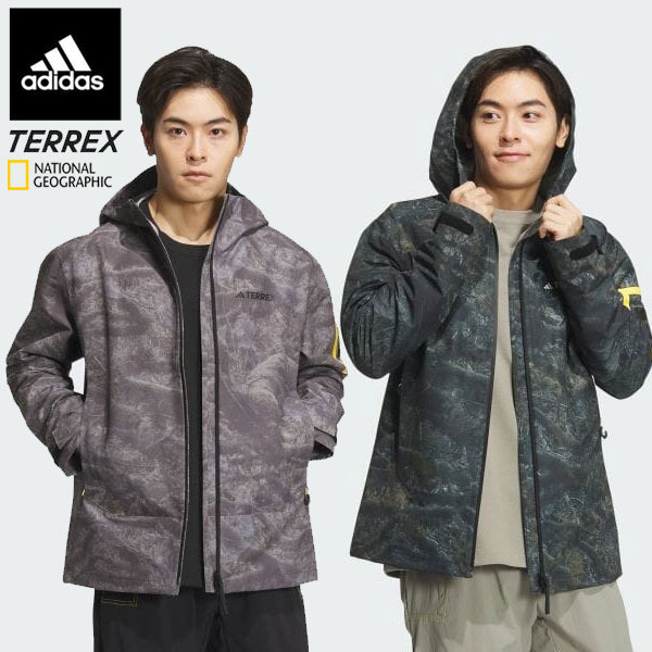 即納可☆【adidas】アディダス TERREX ナショナル ジオグラフィック 総柄プリント RAIN. RDY アウトドア ジャケット JMT94