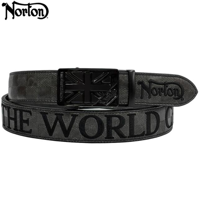 ノートン 2025 メンズ ホールレス バックル ベルト PU チェッカーフラッグ柄 253N8101 Norton 【新品】25FW 同色加工 穴無しベルト ビッグバックル ロゴ SEP1