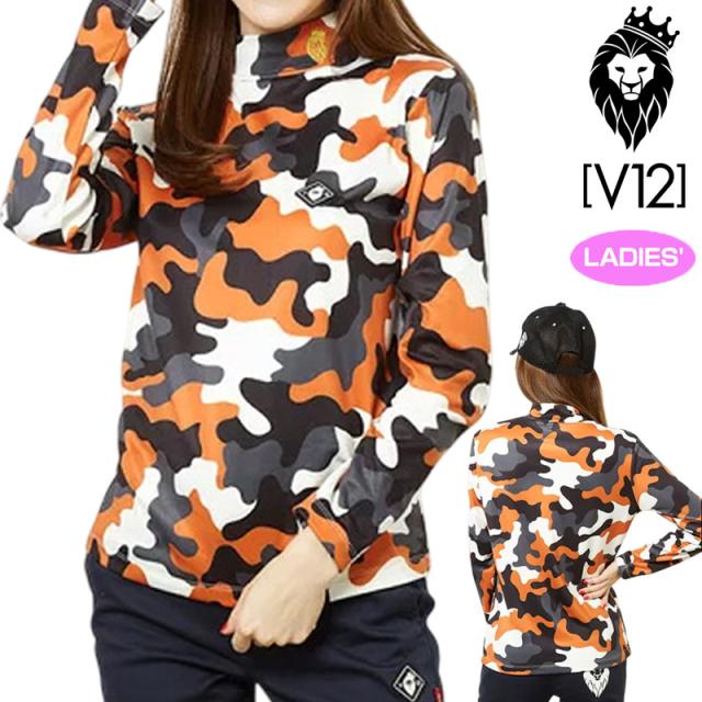 V12 ゴルフ レディース 長袖 モックネック長袖シャツ CAMO MOCK V121820-CT09 45/オレンジ ヴィ・トゥエルヴ 【新品】YCBQ 迷彩柄 カモフラ柄 総柄 ゴルフウェア レディス V12 GOLF