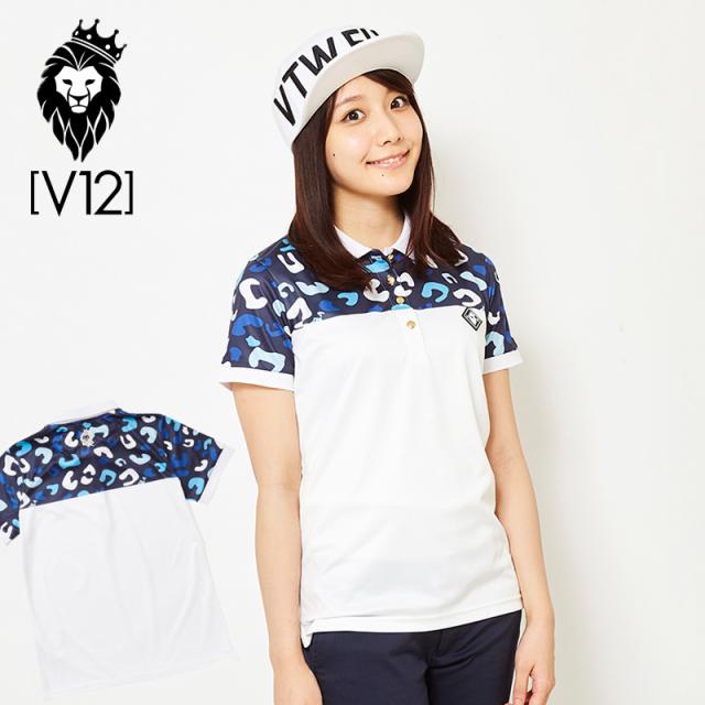 V12 ゴルフ ヴィ・トゥエルヴ レディース ハーフ Leopard 半袖ポロシャツ V121910-CT22 75/Blue 春夏秋【新品】ZAAQ レディス ゴルフウェア トップス レオパード おしゃれ ブランド V12 GOLF