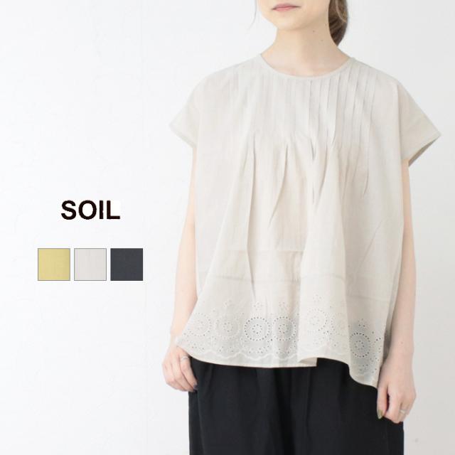 ソイル SOIL コットンボイルカットワークレース クルーネックフレンチスリーブピンタックシャツ INSL24223 プルオーバー ブラウス 刺繍 スカラップ 無地 レディース