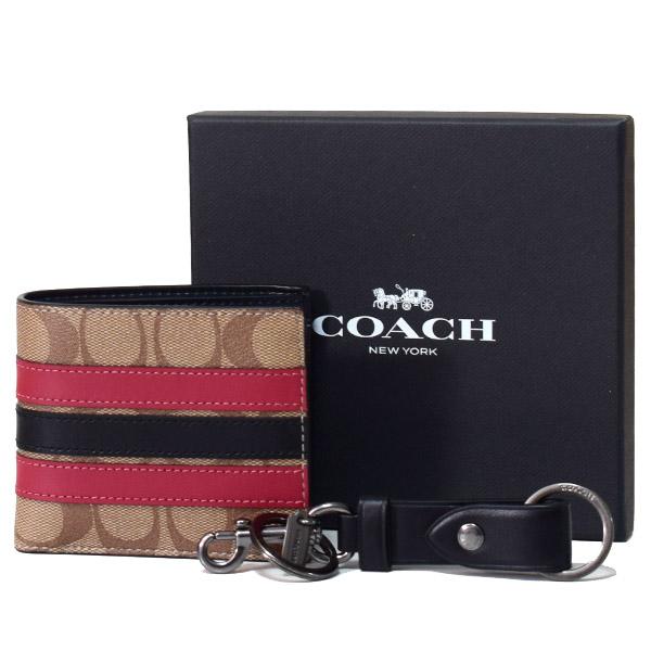 コーチ メンズ 小物 COACH コーティングキャンバス カーフレザー シグネチャー ストライプ ビルフォード 二つ折り 財布+キーフォブ キーホルダー 専用BOX付 2点セット タンマルチ 86110