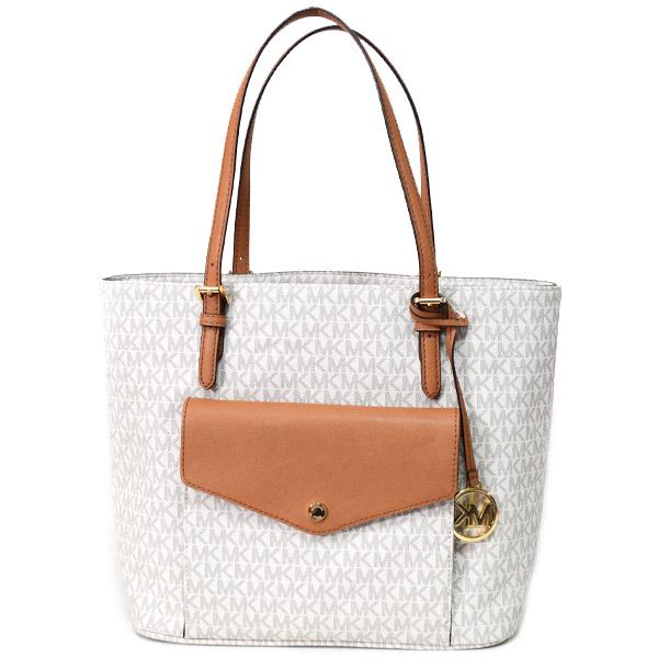 マイケルコース バッグ MICHAEL KORS コーティングキャンバス レザー ジェット セット アイテム モノグラム ラージ ポケット トートバッグ バニラホワイト×ライトブラウン 30S4GTTT7B