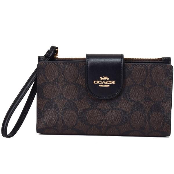コーチ 財布 COACH コーティングキャンバス スムースレザー シグネチャー カラーブロック フォン iPhone スマホ テック ウォレット リストレット 財布 ブラウン×ブラック coach2874