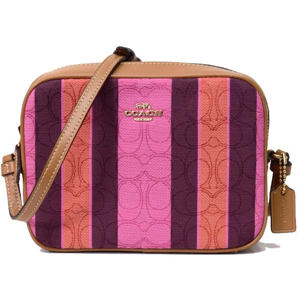 コーチ バッグ COACH ジャガード スムースレザー シグネチャー ストライプ ミニ カメラバッグ クロスボディ 斜め掛け ショルダーバッグ ピンク×バーガンディーマルチ C4222