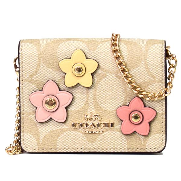 コーチ 財布 COACH コーティングキャンバス レザー シグネチャー フラワー アップリケ チェーン ミニ ウォレット カードケース カードポーチ 定期入れ 名刺入れ ポーチ ケース ライトカーキマルチ CH620