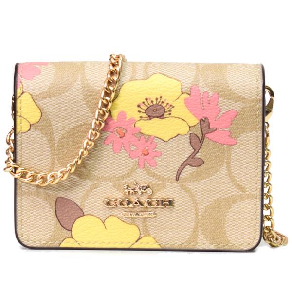 コーチ 財布 COACH コーティングキャンバス レザー シグネチャー フラワー 花柄 プリント チェーン ミニ ウォレット カードケース カードポーチ 定期入れ 名刺入れ ポーチ ケース ライトカーキマルチ CH714