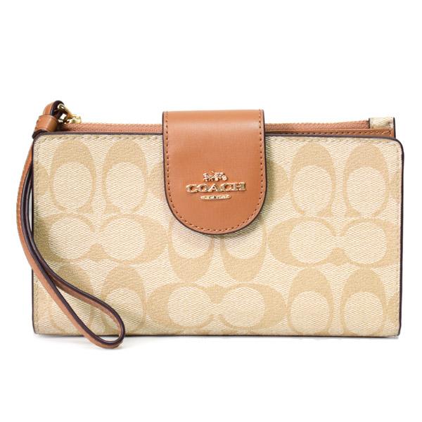 コーチ 長財布 COACH コーティングキャンバス レザー シグネチャー カラーブロック フォン iPhone スマホ テック ウォレット リストレット 財布 ライトカーキ×ライトサドル C2874