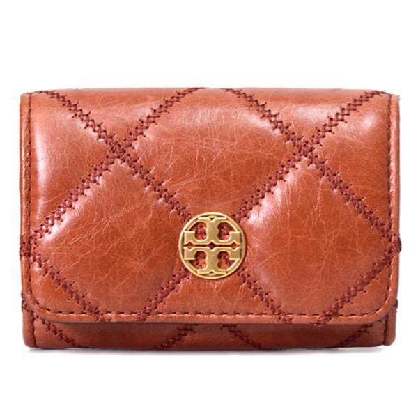 トリーバーチ カードケース TORY BURCH キルティング レザー ウィラ ロゴ 定期入れ 名刺入れ アンティーク ステッチ フラップ カードケース ミニ ウォレット ダークウイスキー 156096