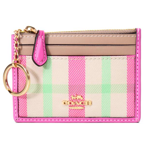 コーチ ケース COACH キャンバス レザー プレイド チェック キーリング付き ミニ スキニー IDケース カードケース ケース ピンクマルチカラー CBL88