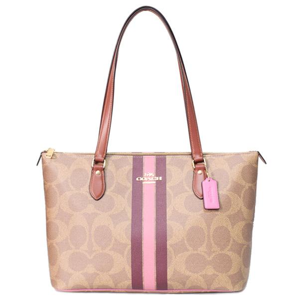 コーチ バッグ COACH コーティングキャンパス レザー シグネチャー ギャラリー ストライプ ジップトートバッグ タンマルチ CBM18