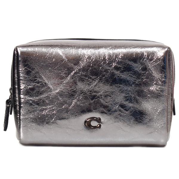 コーチ コスメポーチ COACH レザー メタリック エッセンシャル ロゴ スクエア コスメティック ケース 化粧ポーチ アンスラサイト CX246