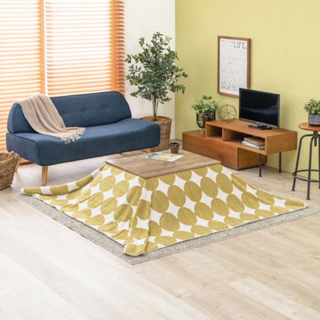 2点セット】こたつ+薄掛けこたつふとんセット 北欧柄 グリーン 丸柄 長方形