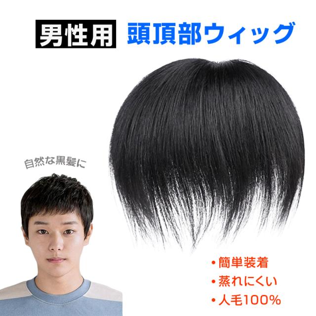 ウィッグ メンズ 男性 ヘアピース 人毛100％ 頭頂部 部分ウィッグ トップカバー 薄毛 白髪隠し 増毛 ボリュームアップ 自然 簡単装着 通気性 かつら 黒 ブラック