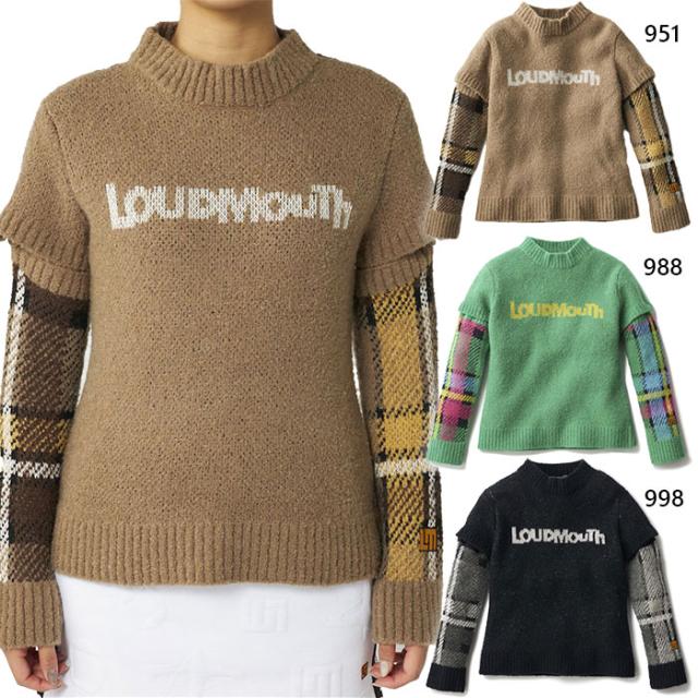 ラウドマウス レディース ツイード調蓄熱ニット アームカバー付き半袖ニット ゴルフウェア トップス ブラック 黒 ブラウン グリーン 茶色 緑 送料無料 LOUDMOUTH 774751