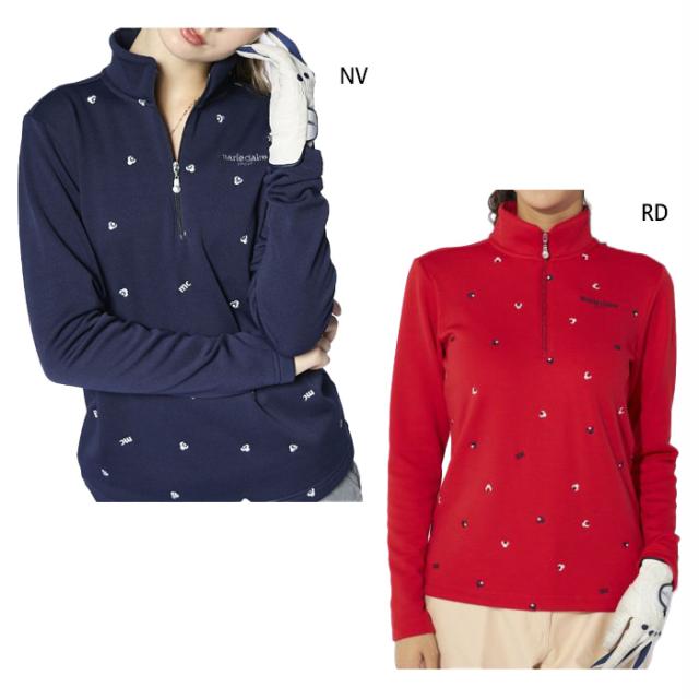 マリクレール レディース 裏シャギーハイネックシャツ ゴルフウェア トップス 長袖 UVカット ハーフジップ ネイビー レッド 赤 送料無料 marie claire 734523