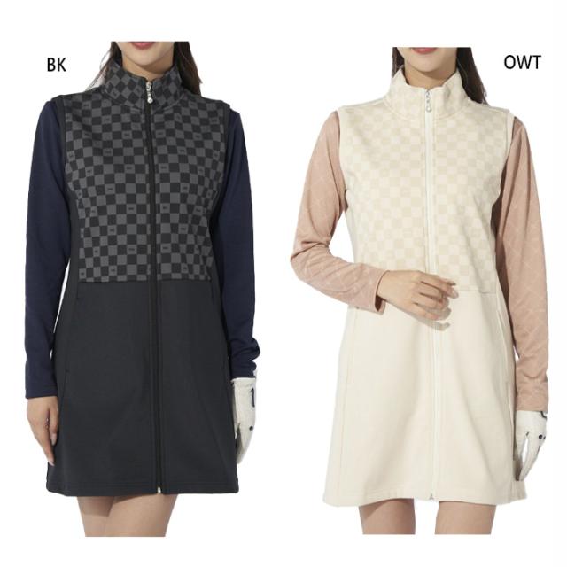 マリクレール レディース ワンピースベスト ゴルフウェア トップス UVカット ストレッチ 保温 ホワイト 白 ブラック 黒 送料無料 marie claire 734424