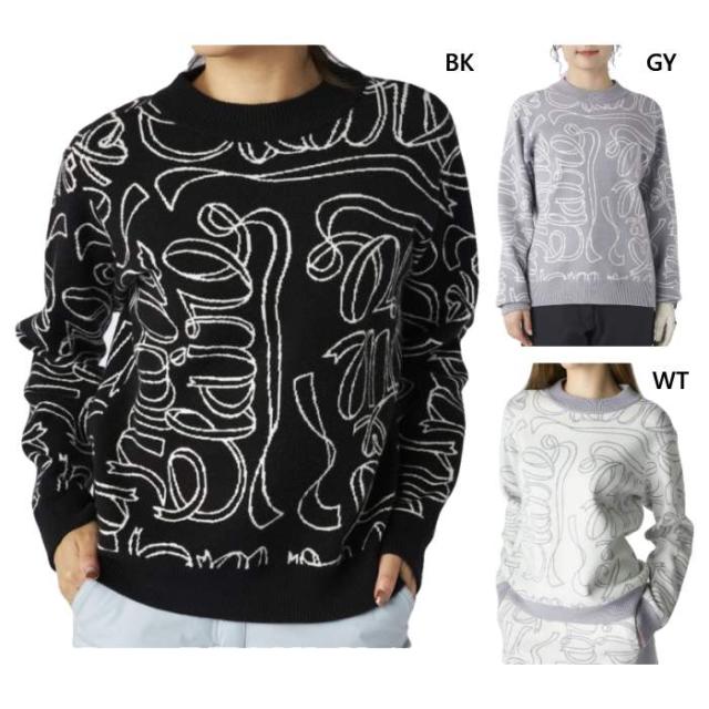 マリクレール レディース リボンロゴクルーネックセーター ゴルフウェア トップス 長袖 ホワイト 白 ブラック 黒 グレー 灰色 送料無料 marie claire 735750