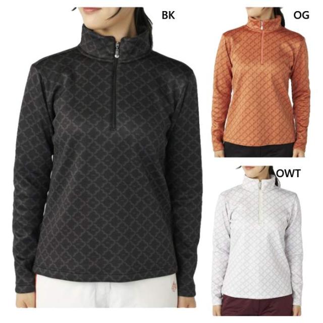 マリクレール レディース モノグラム柄長袖ジップアップシャツ ゴルフウェア トップス 長袖 ホワイト 白 ブラック 黒 オレンジ 送料無料 marie claire 735558