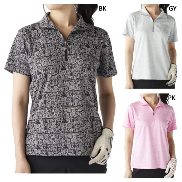 マリクレール レディース リボンロゴ半袖ジップシャツ ゴルフウェア トップス ブラック 黒 グレー ピンク 灰色 送料無料 marie claire 735651